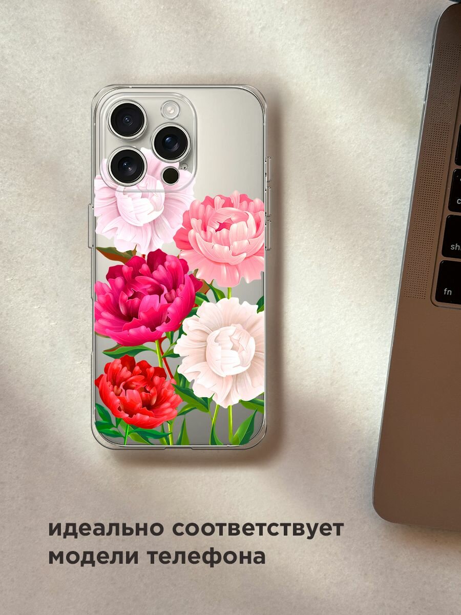 Чехол на Apple iPhone 16 Pro / Айфон 16 Про с принтом "Большие пионы", прозрачный — фото 1