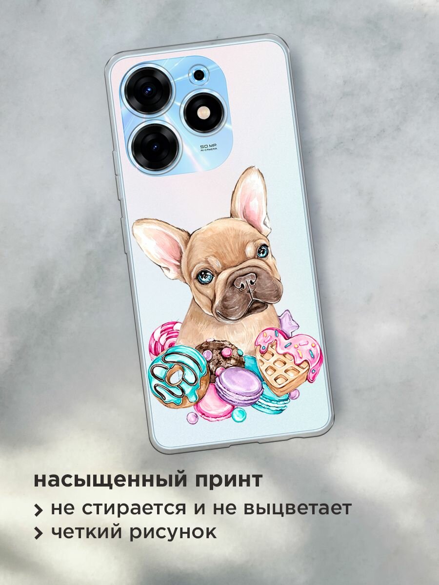 Чехол на Tecno Spark 10 Pro / Текно Спарк 10 Про с принтом "Бульдог и сладости", прозрачный — фото 1