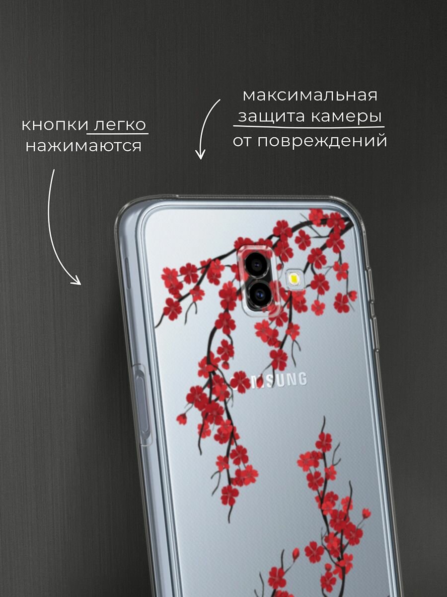 Чехол на Samsung Galaxy J6 + / Самсунг Галакси J6 Плюс 2018 с принтом "Красная сакура", прозрачный — фото 1