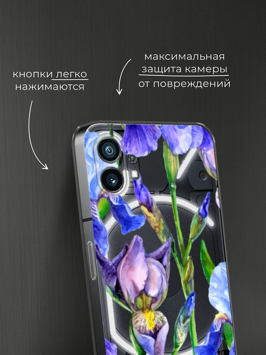 Чехол на Nothing Phone 1 / Нафинг Фон 1 с принтом "Синие ирисы", прозрачный — фото 1