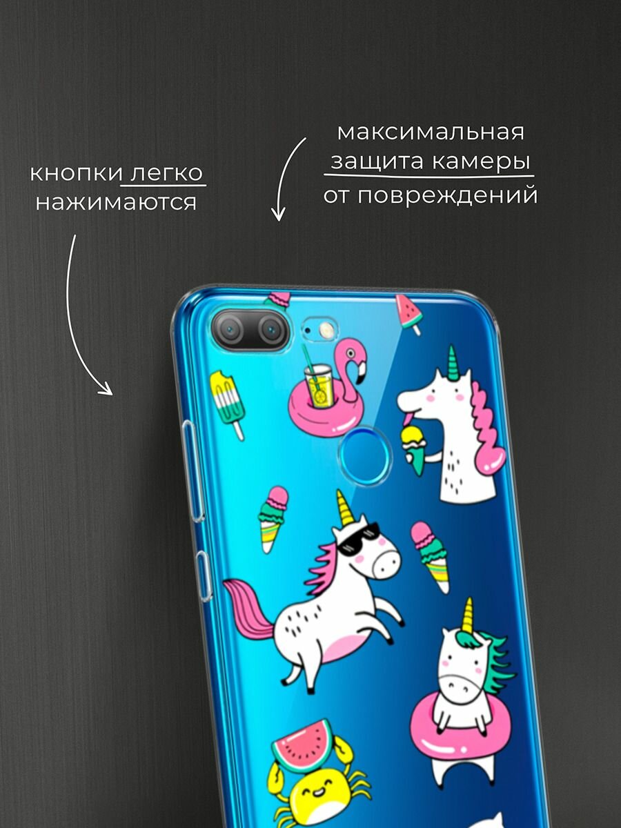 Чехол на Honor 9 Lite / Хонор 9 Лайт с принтом "Единороги в отпуске", прозрачный — фото 1