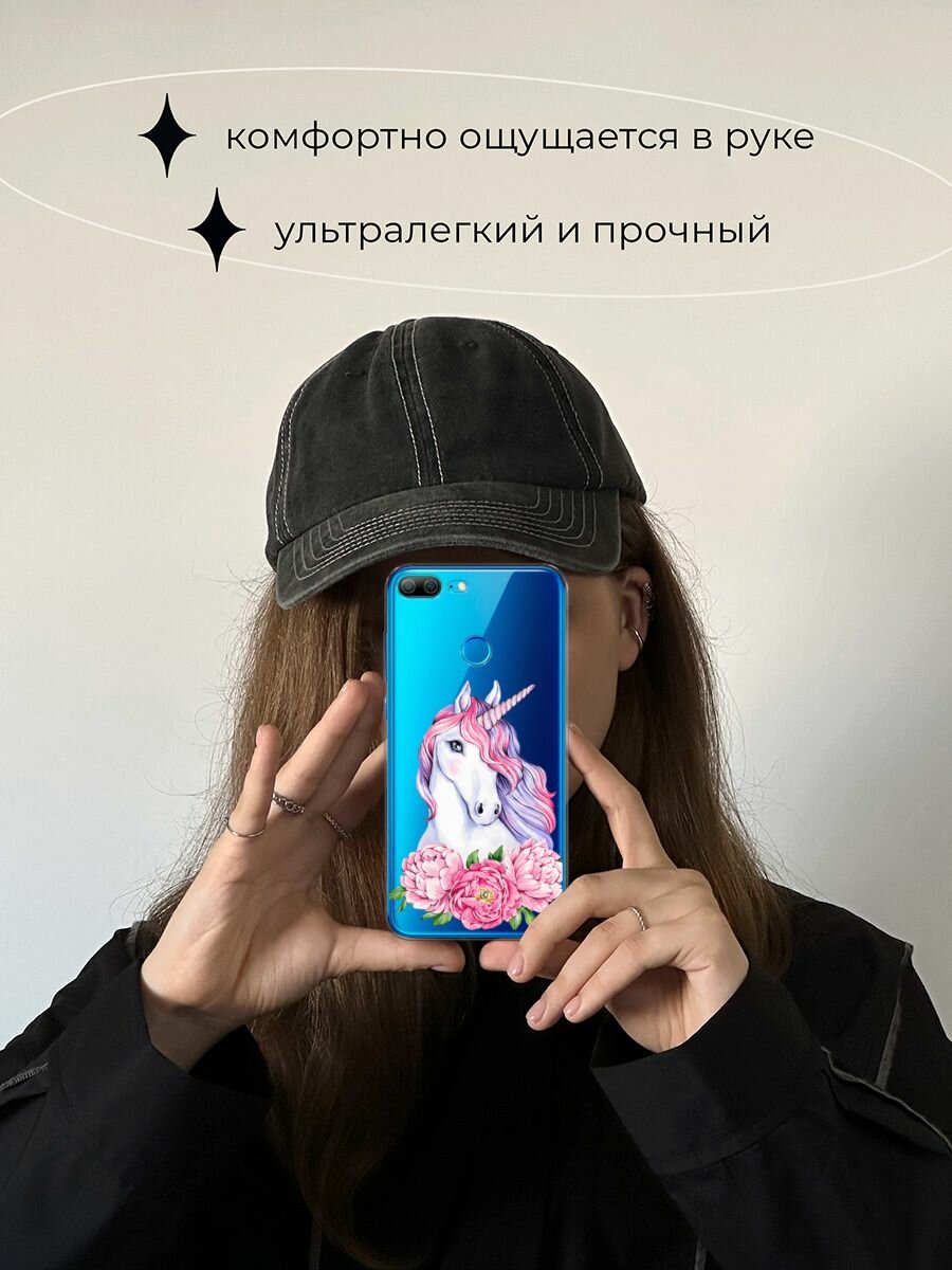 Чехол на Honor 9 Lite / Хонор 9 Лайт с принтом "Единорог с пионами", прозрачный — фото 1