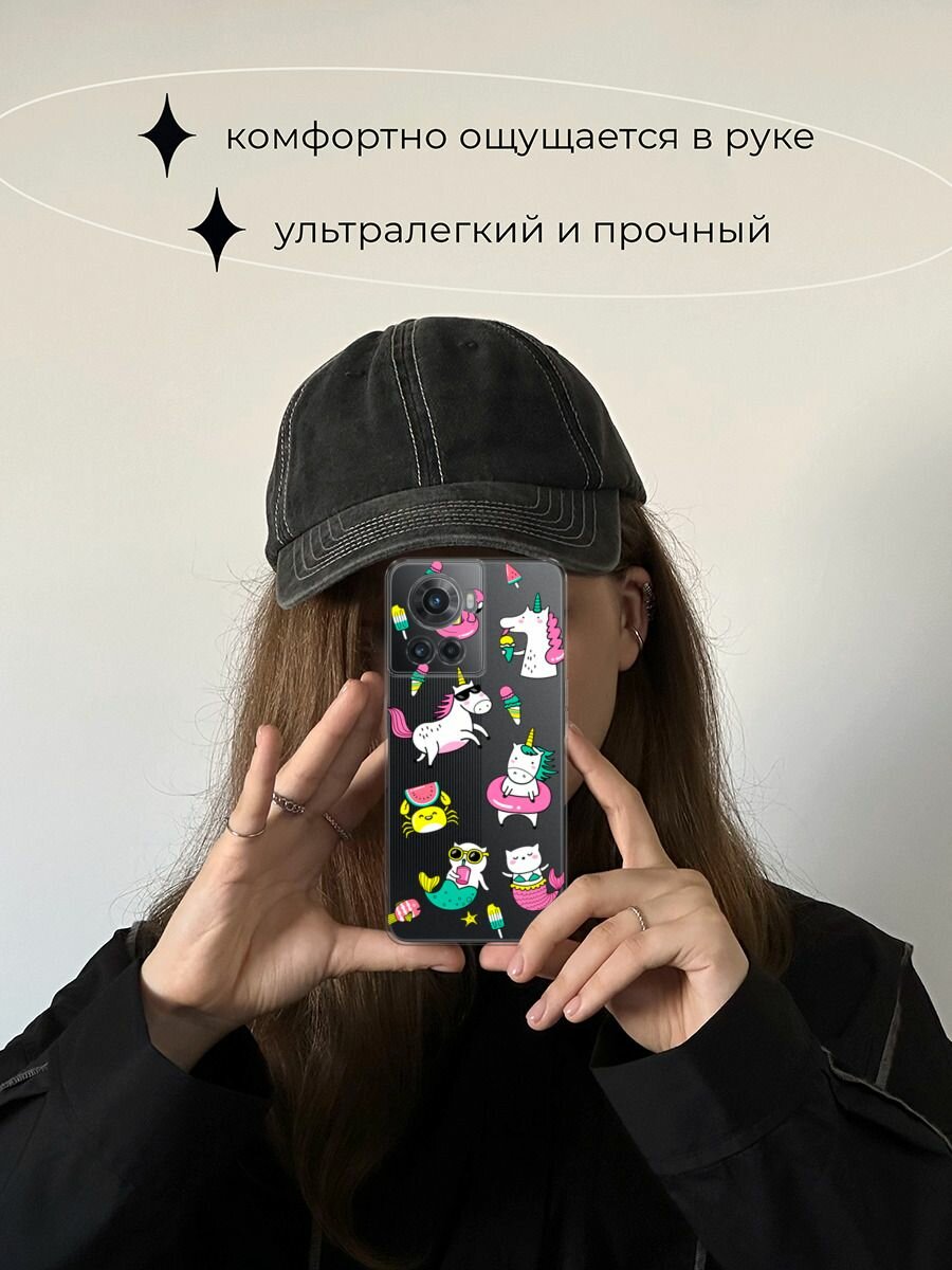 Чехол на OnePlus 10R/Ace / Ван Плас 10R/Ace с принтом "Единороги в отпуске", прозрачный — фото 1