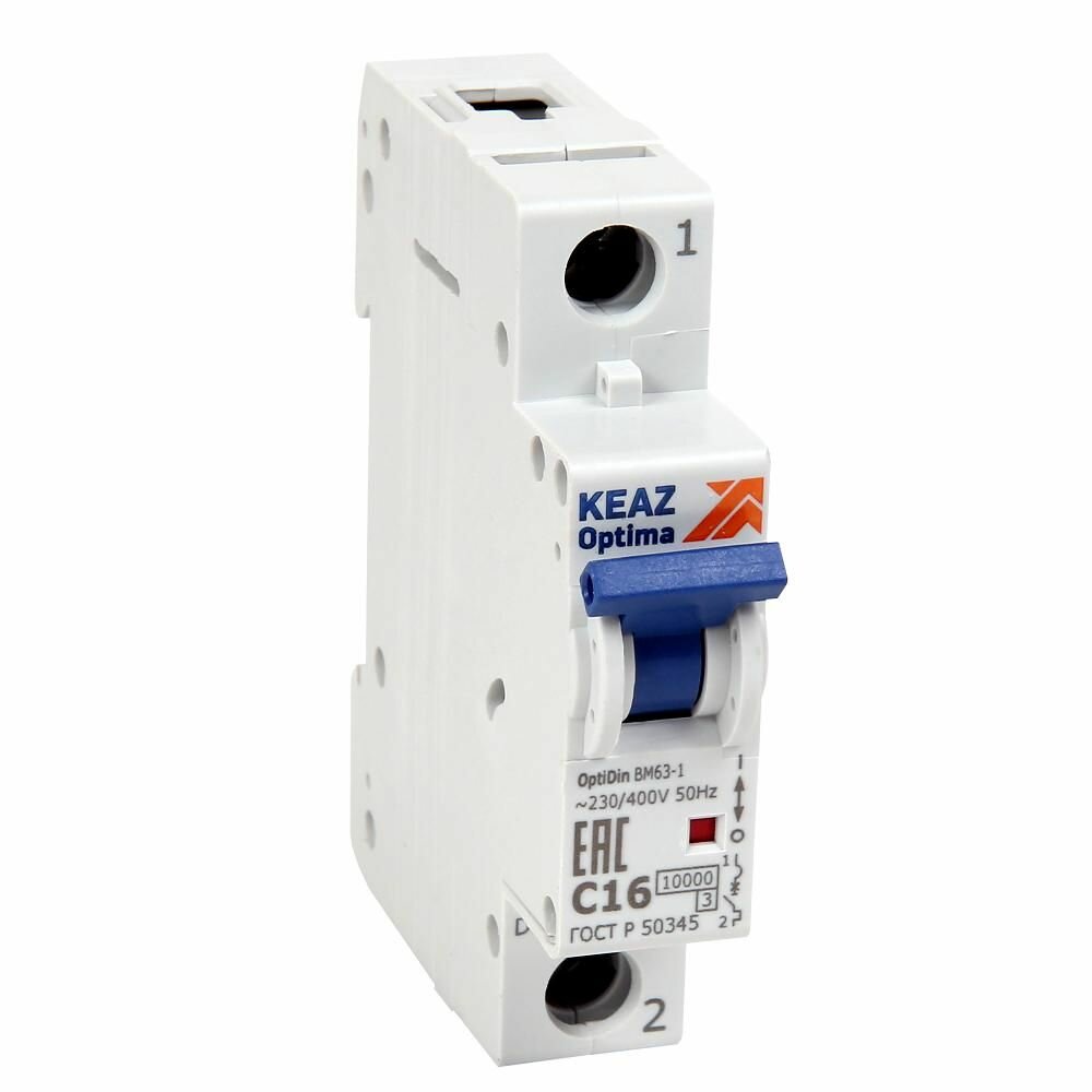 Выключатель автоматический КЭАЗ однополюсный, 16А, C, 10кА, AC, OptiDin, BM63-1C16-10-УХЛ3