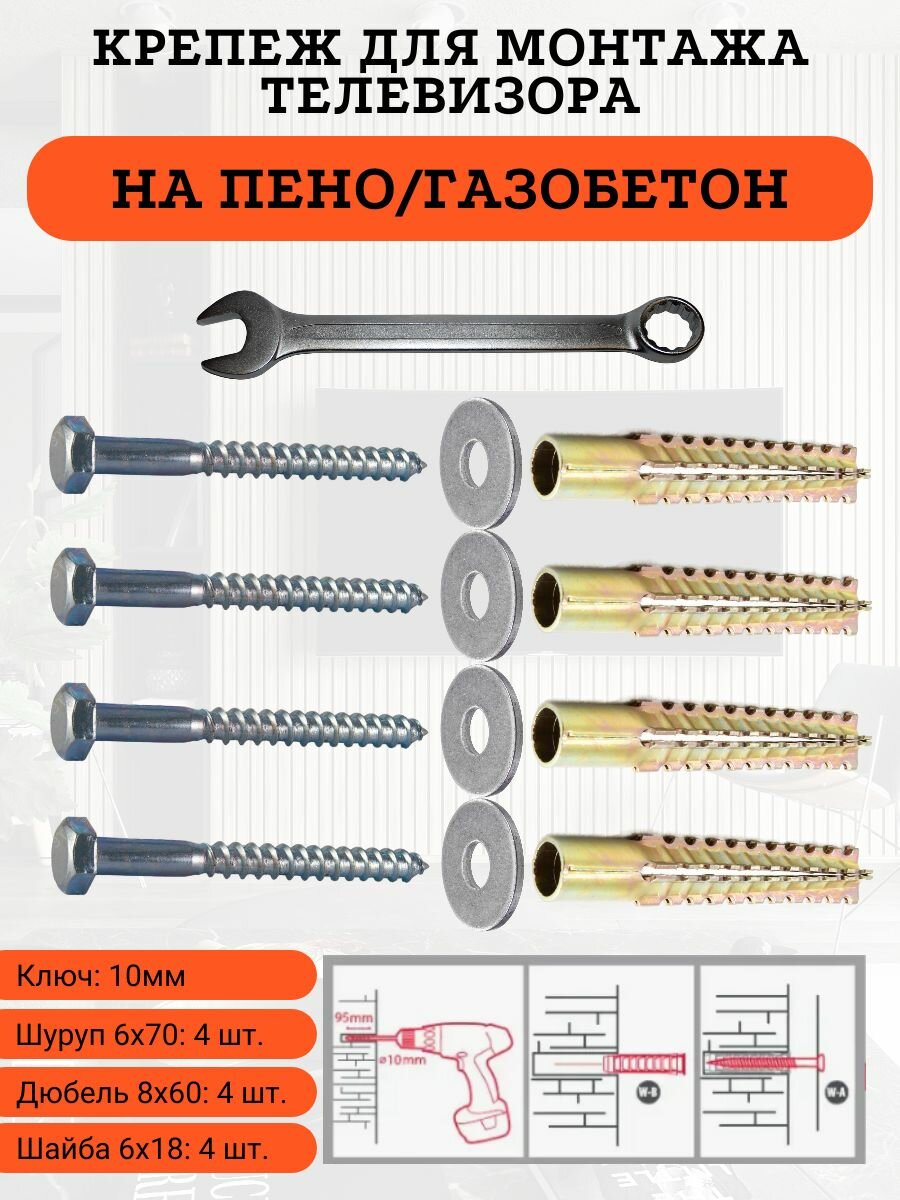 Набор крепежа для монтажа кронштейна телевизора к стене из пенобетона (пеноблок)