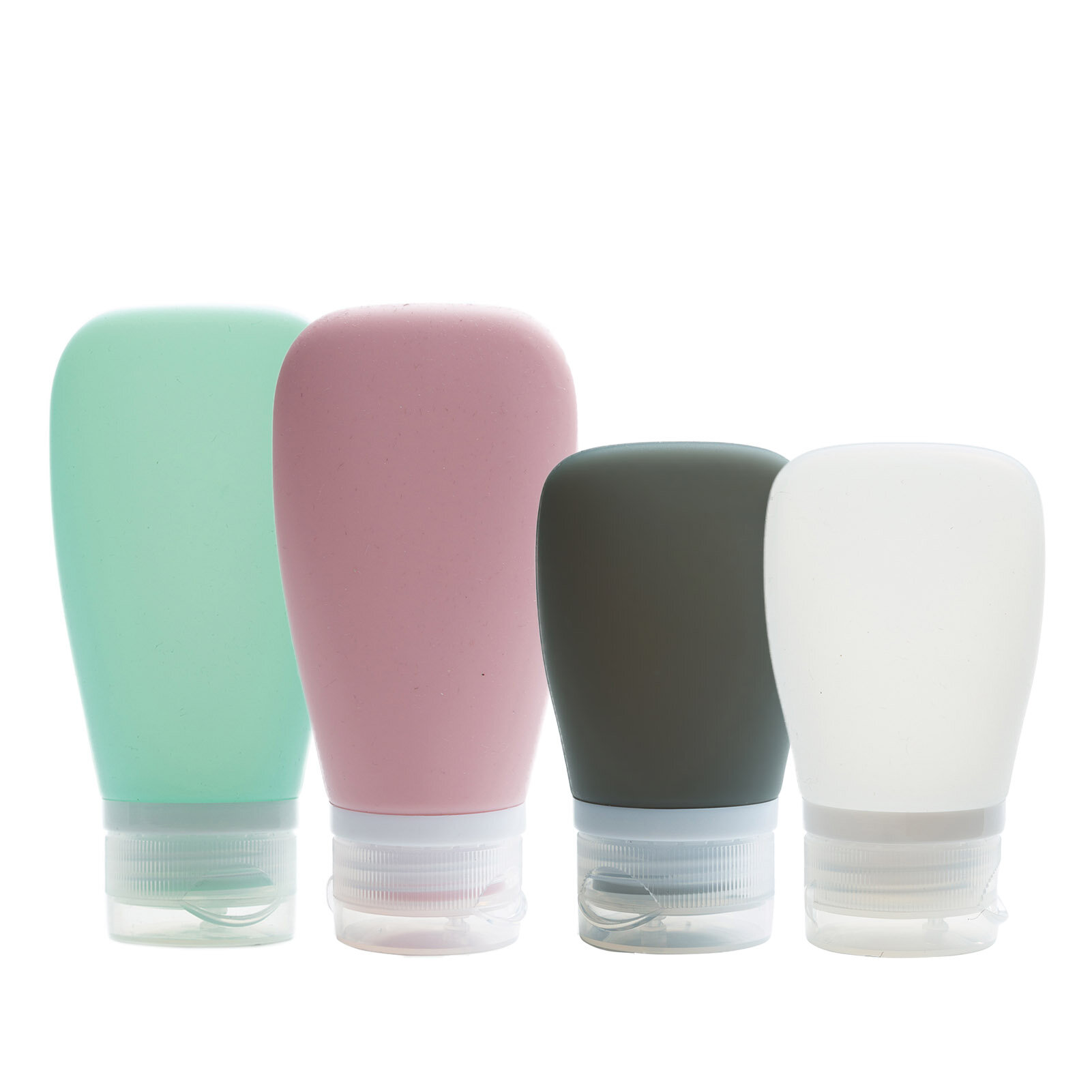 Набор туристических бутылок 3 штуки из силикона и ПП, 38мл + 60мл + 90мл, цвета Зеленый/Белый/Розовый/Темно-серый, для шампуня, лосьона, крема, туалетных принадлежностей, лёгкий, портативный, Reiseflaschen-Set
