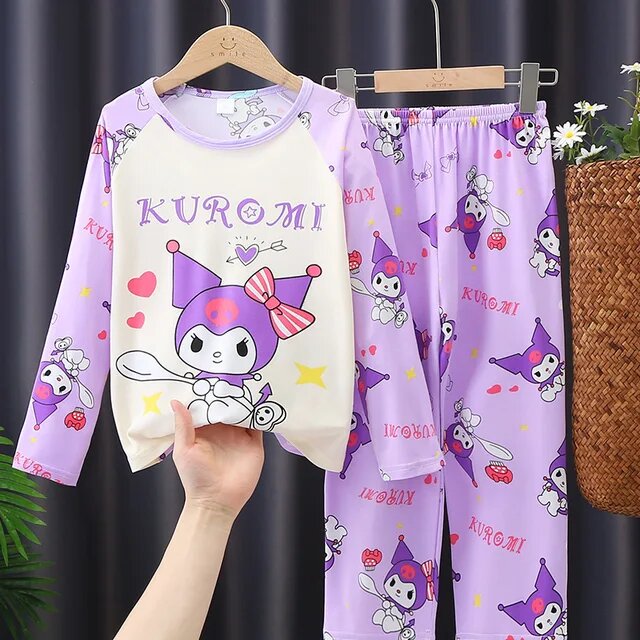 Милый детский пижамный костюм Sanrio Cinnamoroll Hello Kitty, одежда для сна Kuromi Melody для девочек и мальчиков, осенний домашний костюм с длинными рукавами, подарки, Размер: 12 (115-125 см)