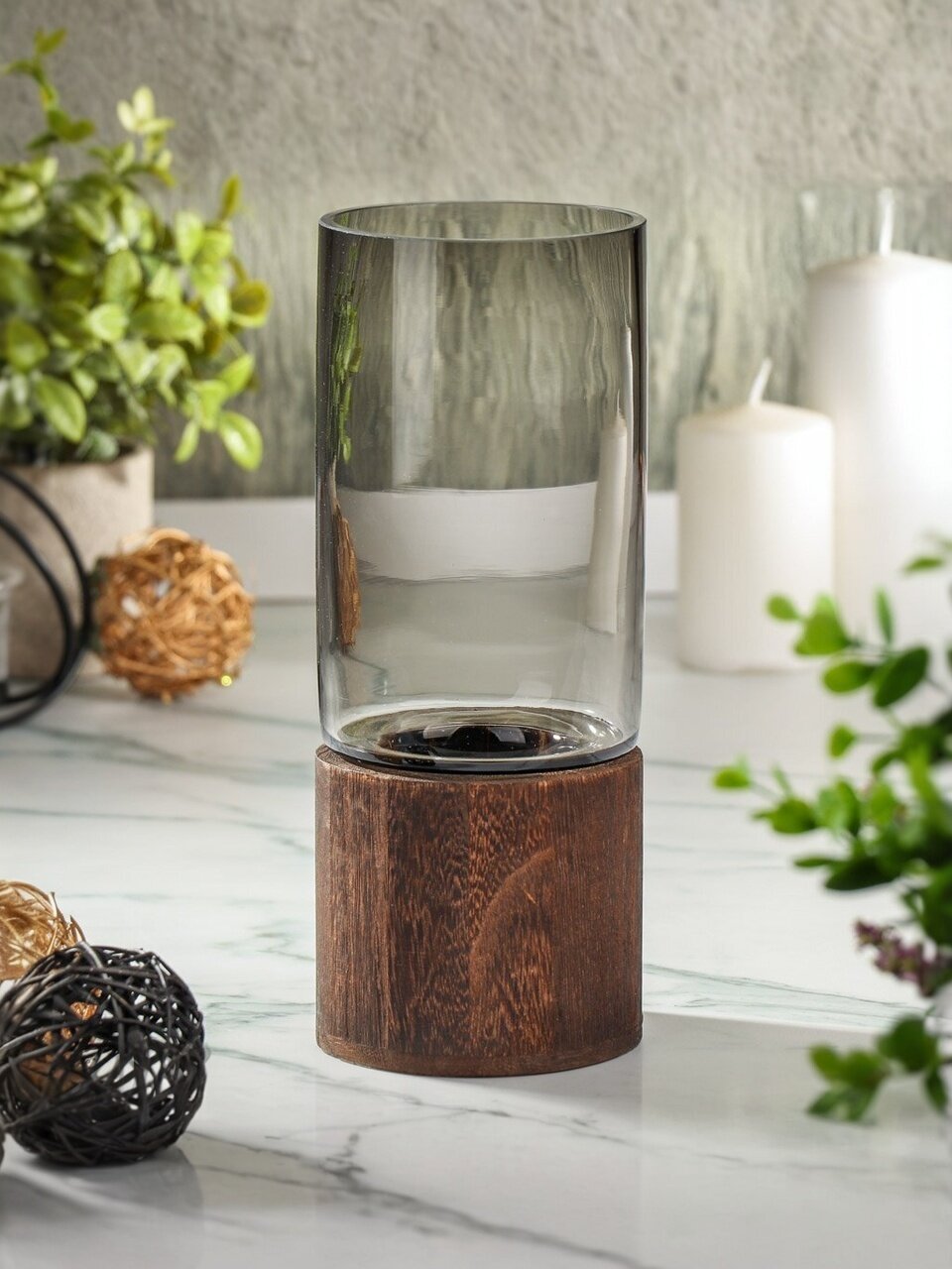 Ваза стеклянная настольная 25 см, цилиндр, коричневая, Китай