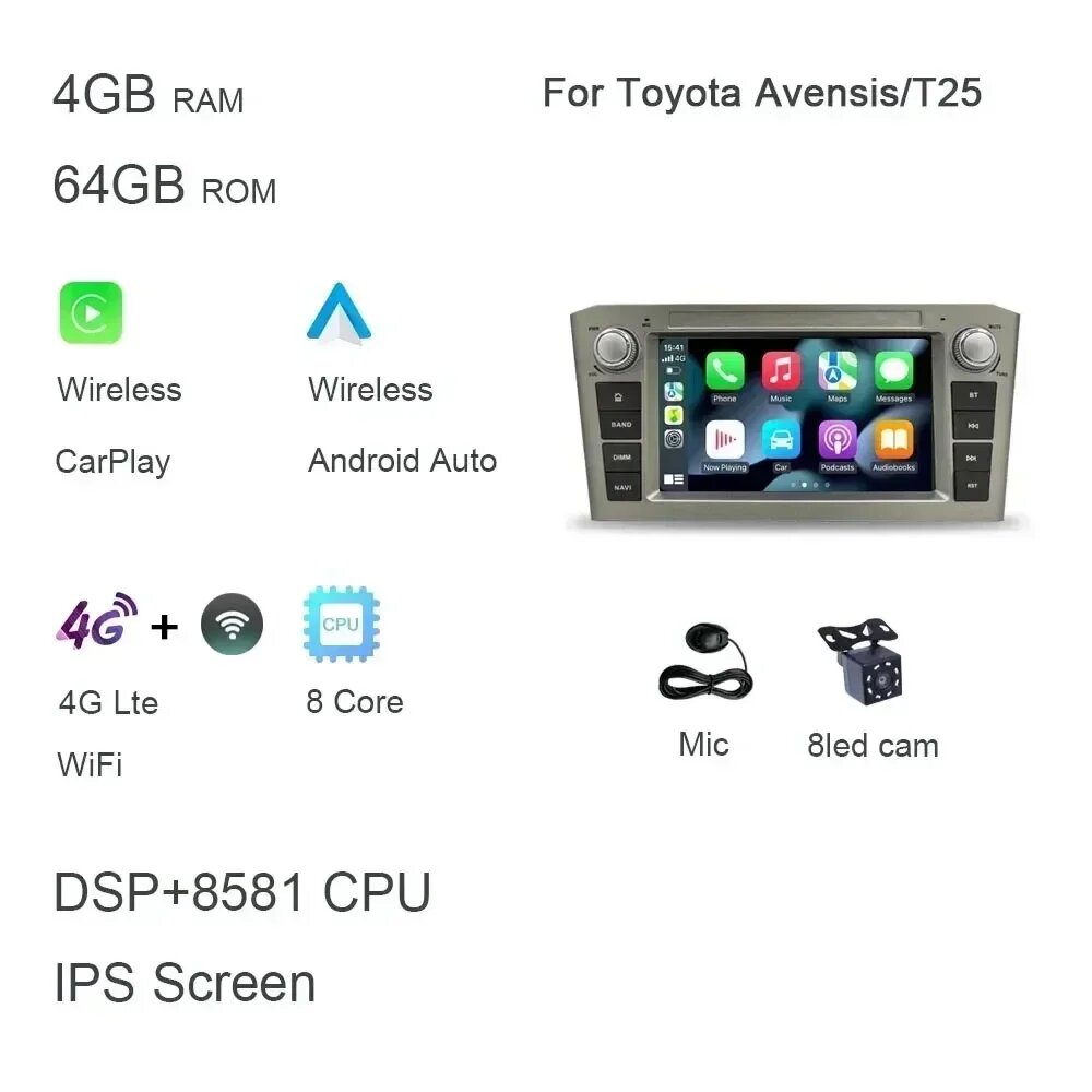 DSP CarPlay 7 дюймов Android 14.0 Автомобильный плеер 8 ГБ 128G мультимедийный 4GB 64GB CAR 4G
