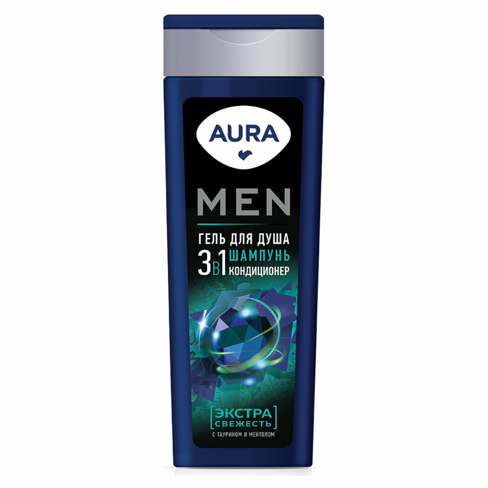 Гель для душа 3 в 1, шампунь + кондиционер 380 мл, AURA MEN "Экстра Свежесть", 13919, 702014