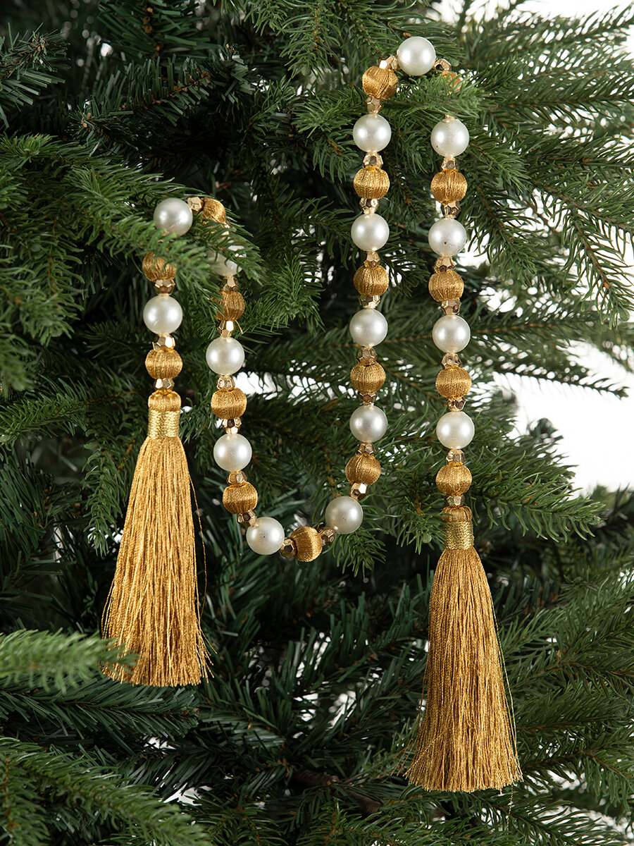 Золотистая гирлянда из жемчужин с кисточкой 96 см