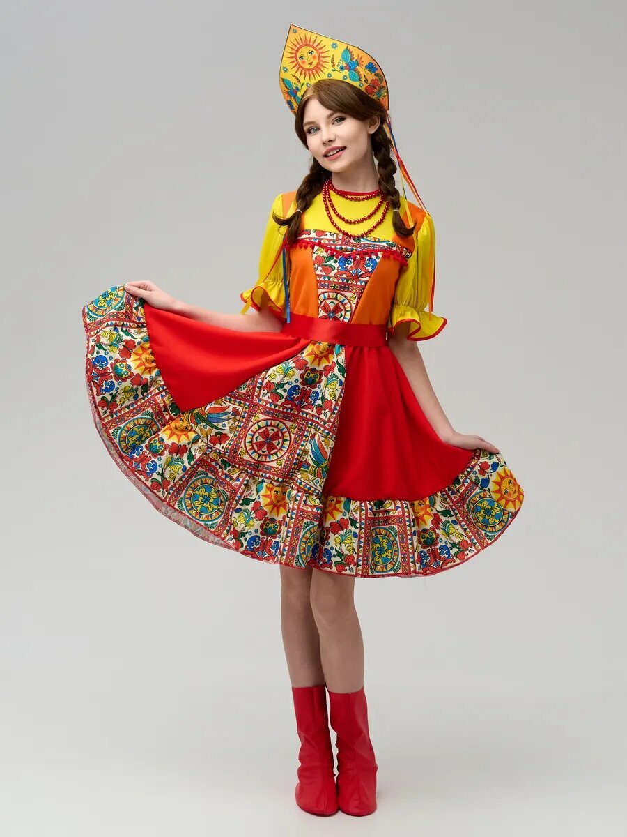 Русский народный костюм с кокошником, красный, XXL (152-158)