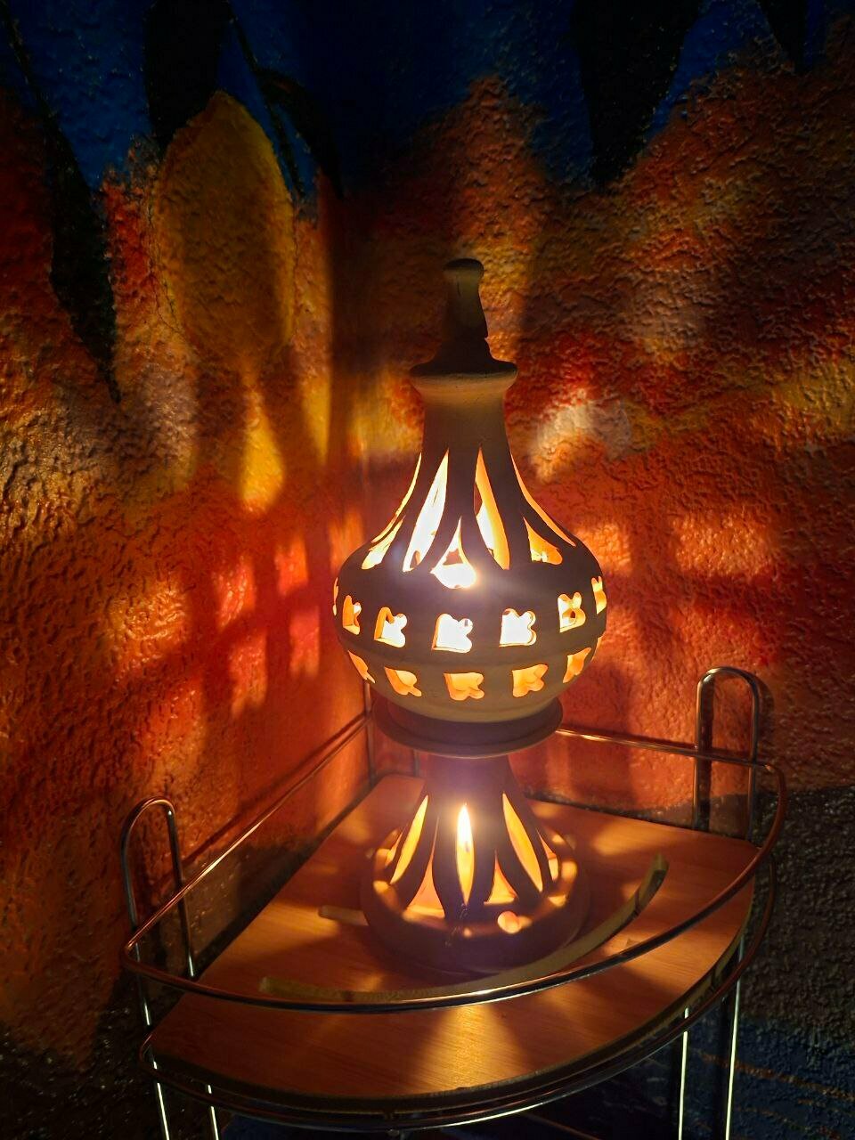 Подсвечник ручной работы, керамика, настольный декоративный, бело-синий