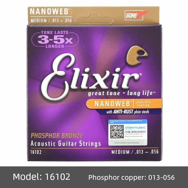 Elixir Fosfor-Bronzovye Tонkoe Pokrytye Akusticheskie Gitary Stroki Komplekt 13-56 Mera Glatkoe Igranije