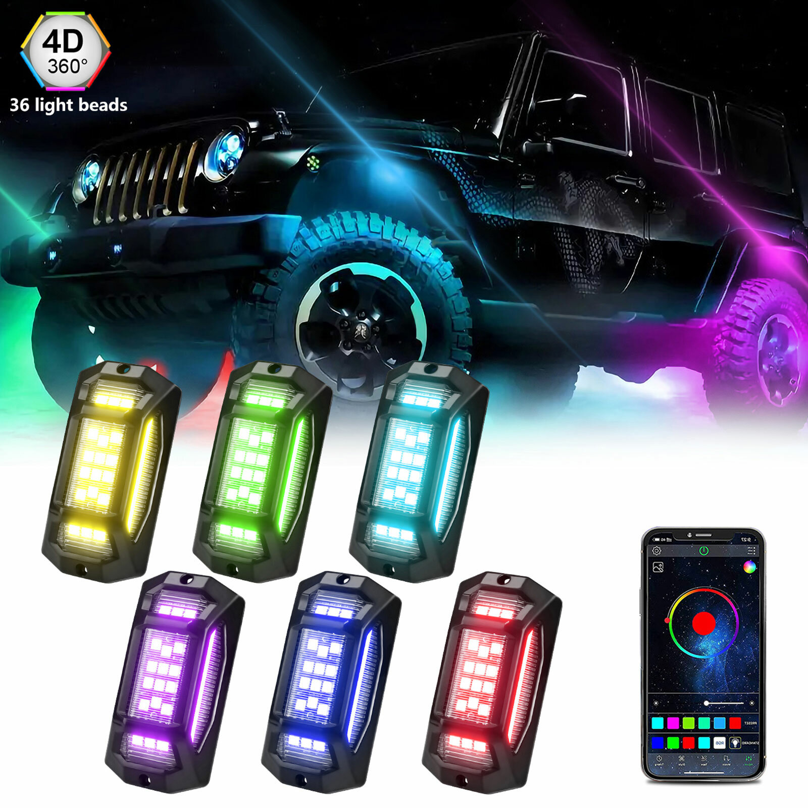 LED Rock Lights 6 штук Многоцветные Светодиодные Лампы Широкий Угол 150° IP68 Водонепроницаемые с Функцией APP BT Синхронизация с Музыкой для SUV UTV Черный DC 12V 5050 Бисер 36smd/Штука Односторонняя 1.0 Алюминиевая Плата 11Жидовой Чистой Медной