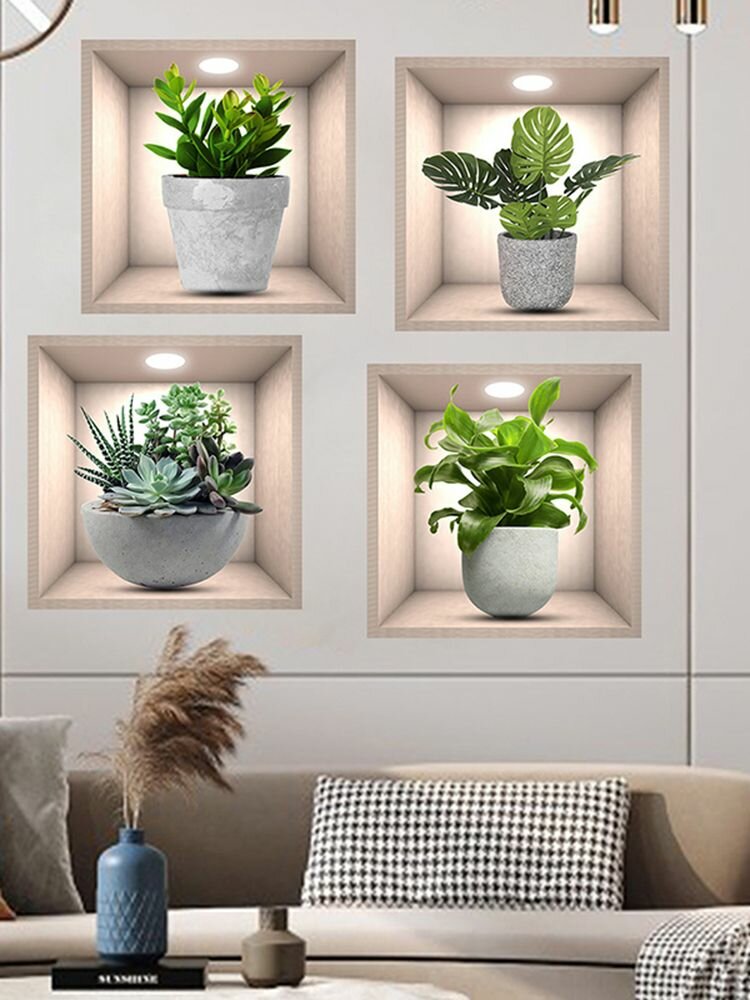 3D наклейки на стену "Суккуленты" — объемные, для кухни/спальни/балкона, декор без полива