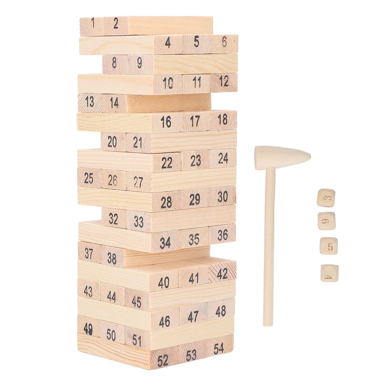 Деревянная башня для детей и семьи с 54 блоками, молоточком и 4 кубиками – игра на равновесие, ловкость и внимание