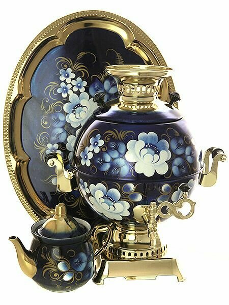 Набор самовар электрический 5 литров с художественной росписью "Жостово на синем фоне"