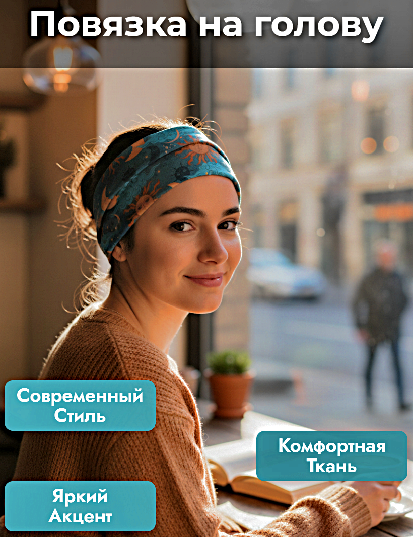 Повязка на голову женская "Бохо", сине-зеленая, универсальная, текстиль
