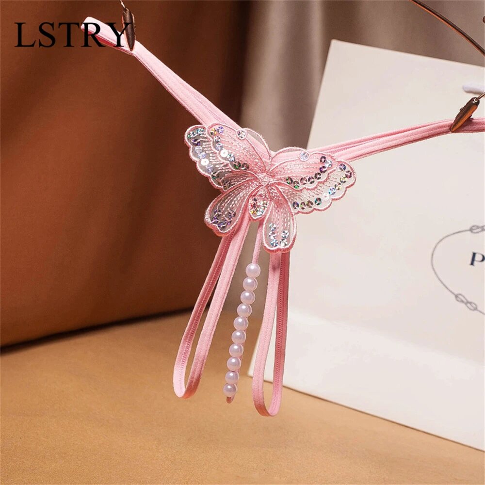 Новинка 2025, трусики с вышивкой и бабочкой и жемчугом, сексуальное женское белье, секс-стринги, женское эротическое нижнее белье с открытой промежностью, массажные трусики Розовый, M1-Pink