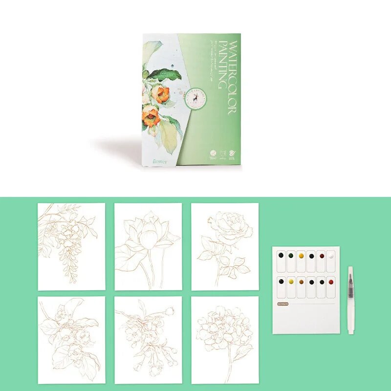 Набор акварельных красок из 6 листов с креативной книгой-раскраской — рисунок для снятия стресса для детей и начинающих
