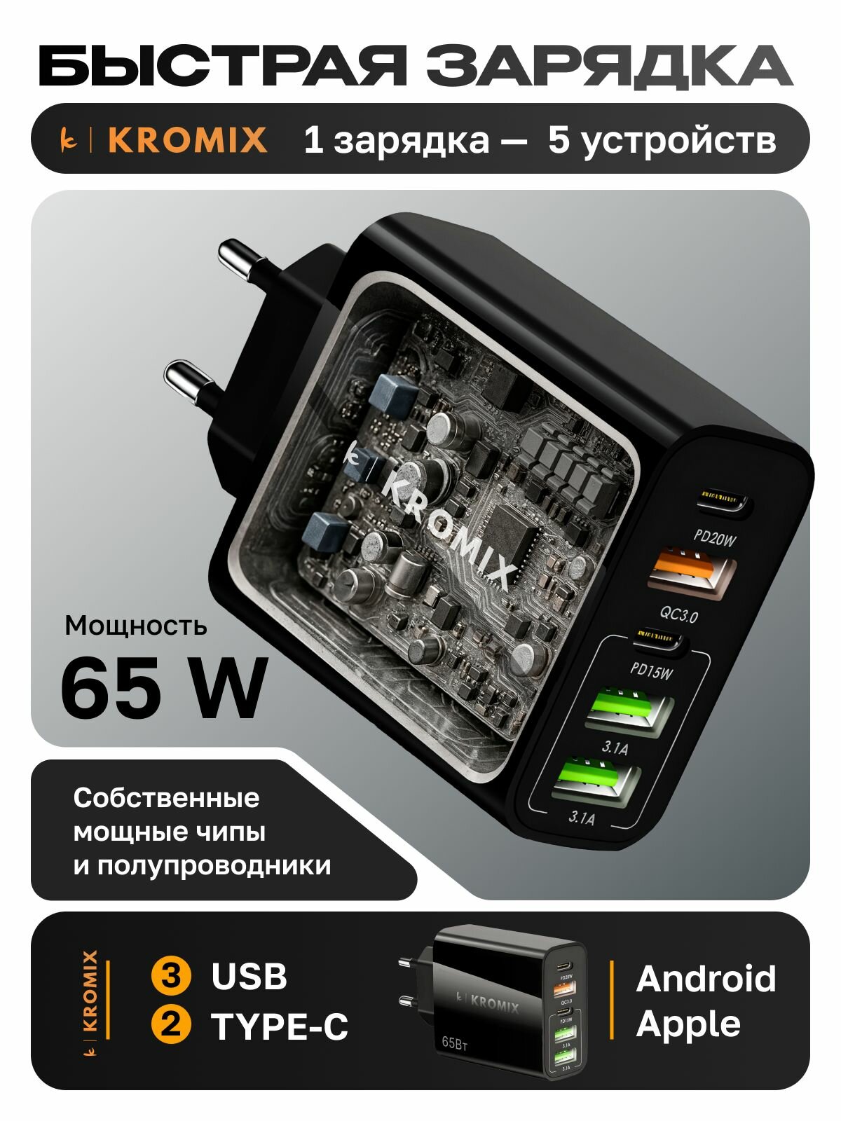 Быстрая зарядка Type C, USB для телефона, зарядное устройство 65W, блок питания, адаптер питания