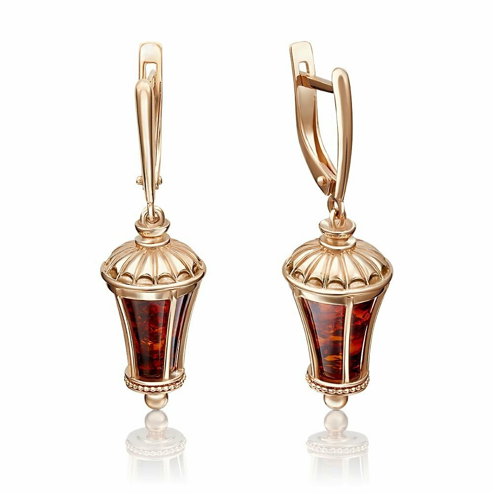 Серьги, красное золото, 585 проба, янтарь