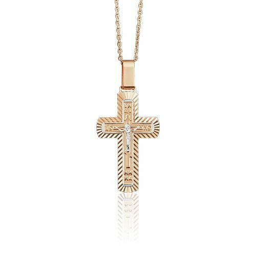 Крестик, комбинированное золото, 585 проба, родирование