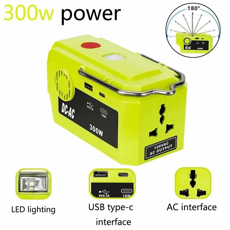 Инвертор мощности, совместимый с литий-ионным аккумулятором Ryobi 40 V, мощностью 300 W, со светодиодной подсветкой и портом USB Type-C