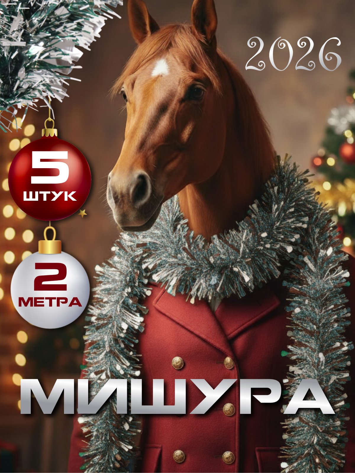 Мишура новогодняя пушистая и яркая, D90мм, длина 2м, серебристая, 5 шт.