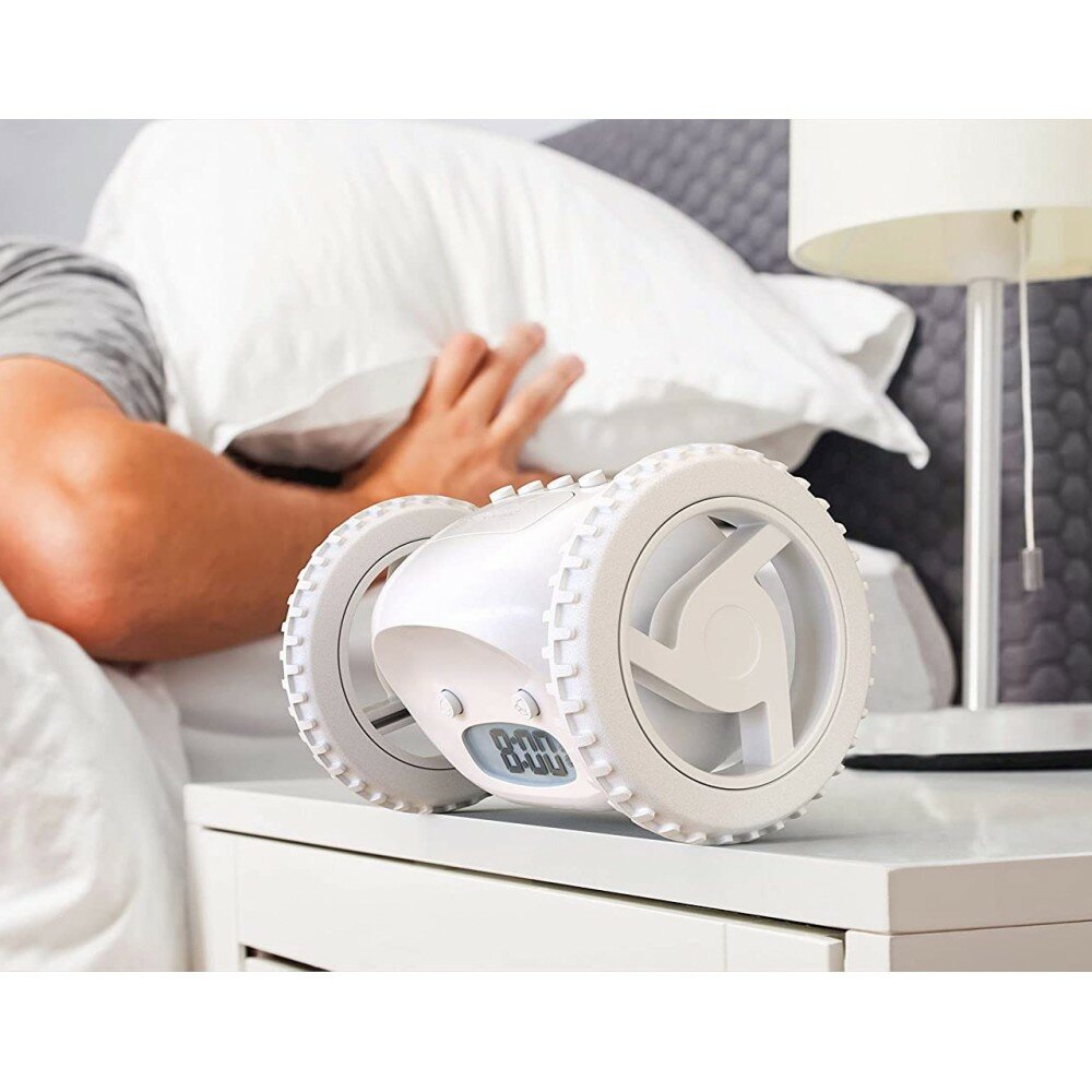 Будильник убегающий на колесах "Clocky" с LED подсветкой. Электронный робот для взрослых и детей, белый, 13.5*9 см