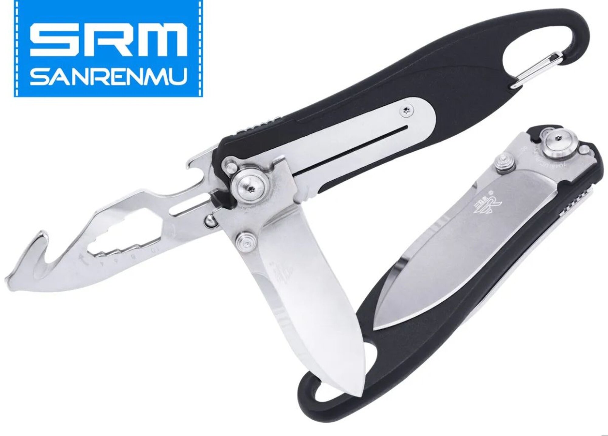 Складной нож SanRenMu 7048LUC-PH-T5, сталь 8Cr13MO, карабин, мультитул, черный/серебристый