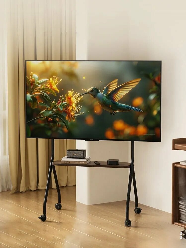 Тумба под телевизор напольная, передвижная, белая, с полкой, универсальные колеса-