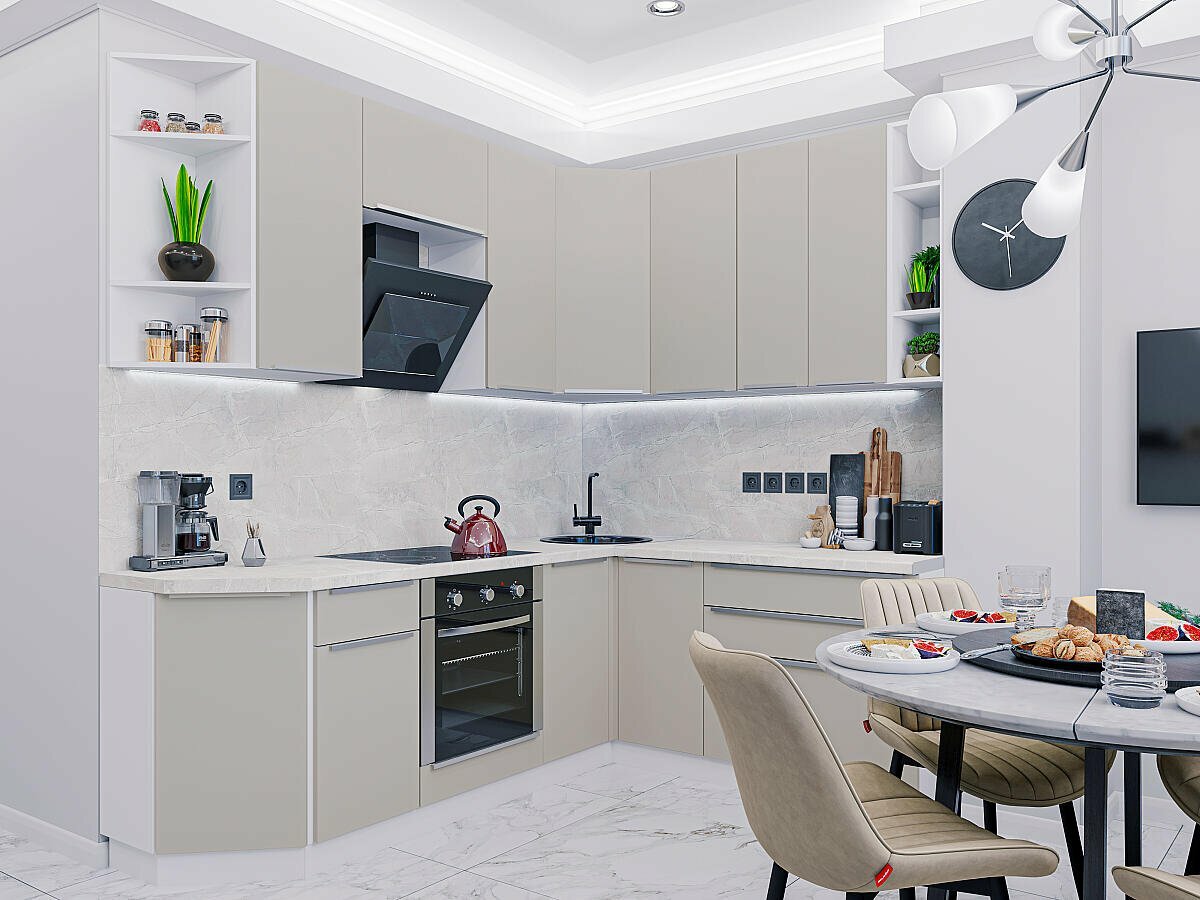 Кухня угловая 2,2-1,8 метра Фьюжн-04, Готовый кухонный гарнитур угловой без столешницы 2340*2200-1800*600 Clay Silk