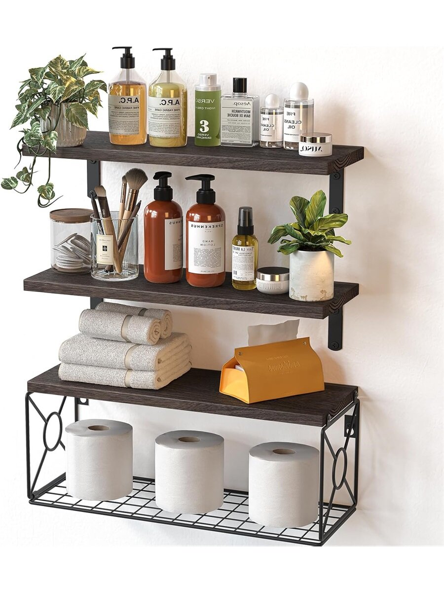 Подвесной деревянный стеллаж для ванной: плавающий, с корзиной для хранения