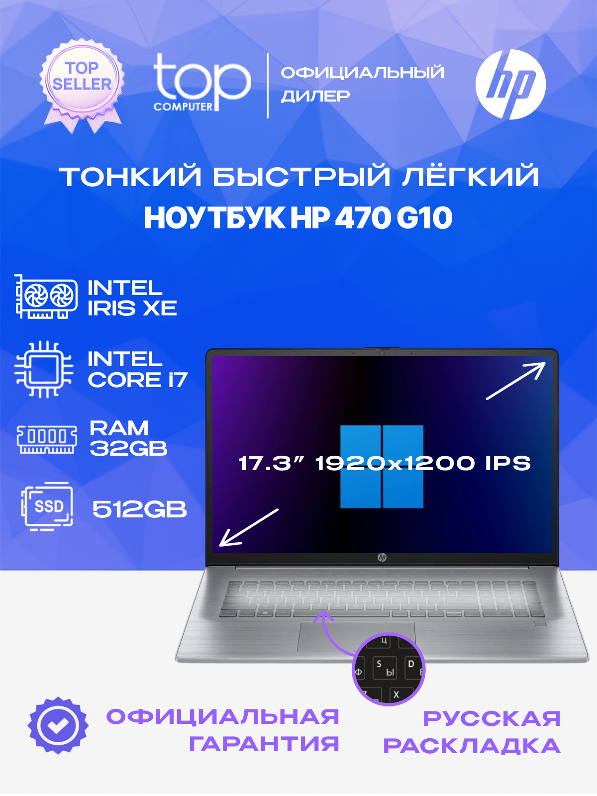 Ноутбук HP ProBook 470 G10 17.3"FHD/i7-1355U/32GB/512GB SSD/noOS/silver