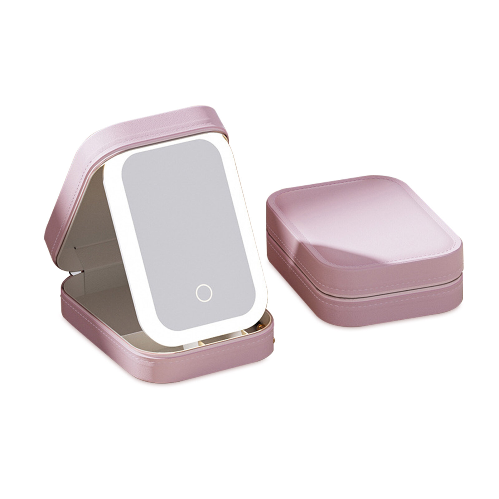Сумка для хранения косметики с LED-зеркалом, косметическое зеркало с сенсорным управлением, 3 цвета освещения, пылезащищенная разделенная коробка для румян, теней для век, колец, серёжек, ожерелий, белый, розовый, зелёный, размер 16.5*11.5*6.0 см, 1 шт.