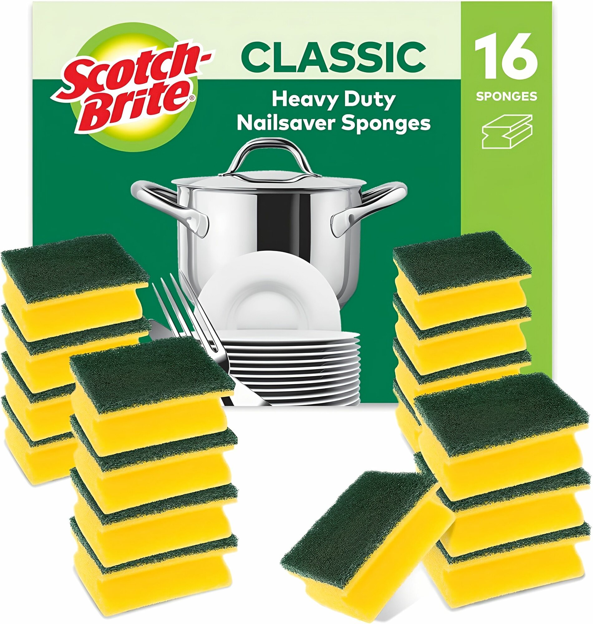 Набор прочных губок для мытья посуды Scotch-Brite Classic, 16 штук - долговечная губка, легко удаляющая жир и пригоревшую пищу.