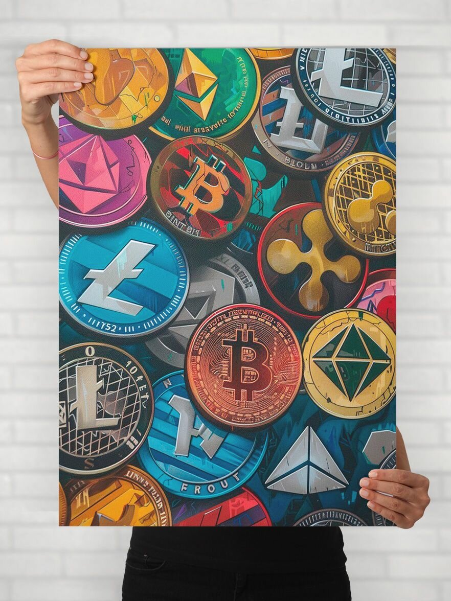 Плакат на стену для интерьера Крипта и Блокчейн (Криптовалютные Символы 3) - Постер по цифровым деньгам формата A2 (42x61 см)