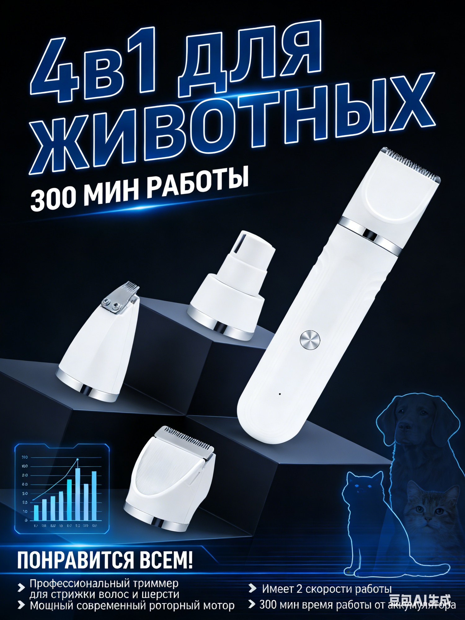 Машинка для стрижки собак и кошек Булка беспроводная профессиональная