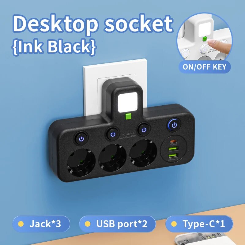 Настенная вилка и розетка Szaoju, 4 розетки, с USB Type-C