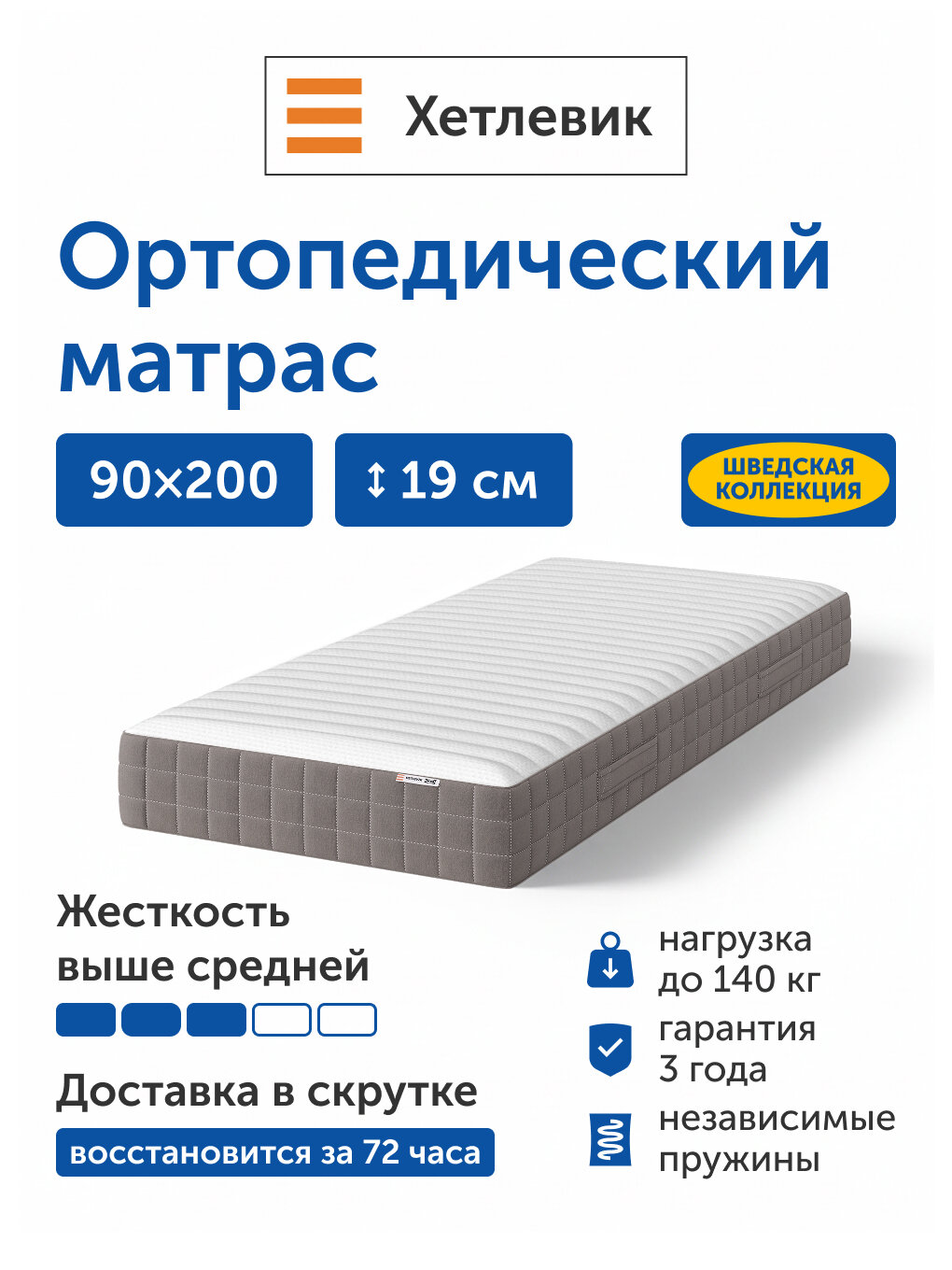 Ортопедический матрас IKEA/Икеа Хетлевик, независимые пружины, 90х200 см