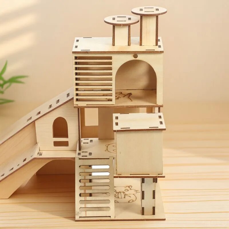 Подвижный деревянный домик с лестницей и горкой для хомяков, с элементами для игр и декора