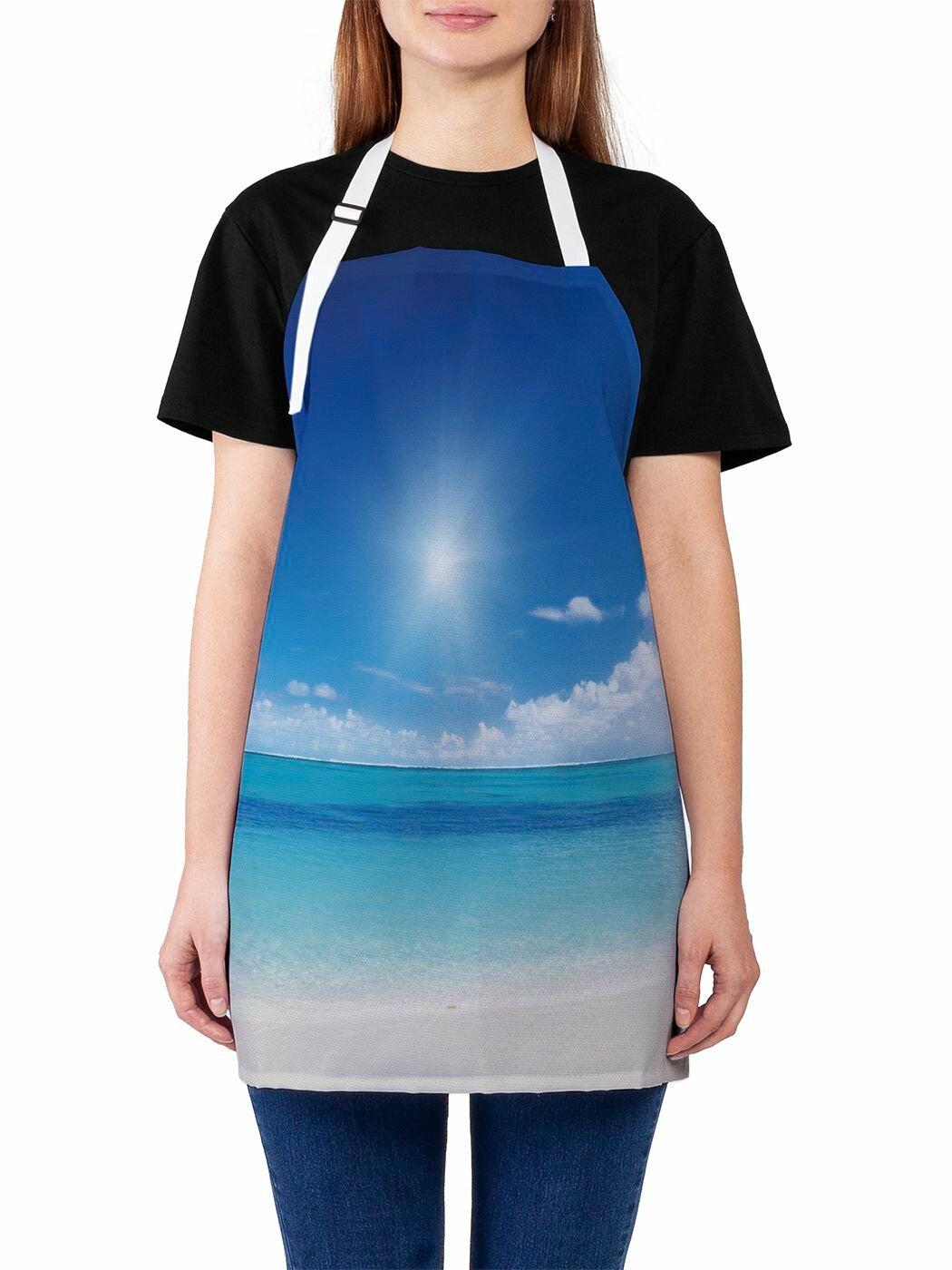 Фартук для кухни тканевый "Яркое солнце над морем" / водоотталкивающий, универсальный размер , JoyArty