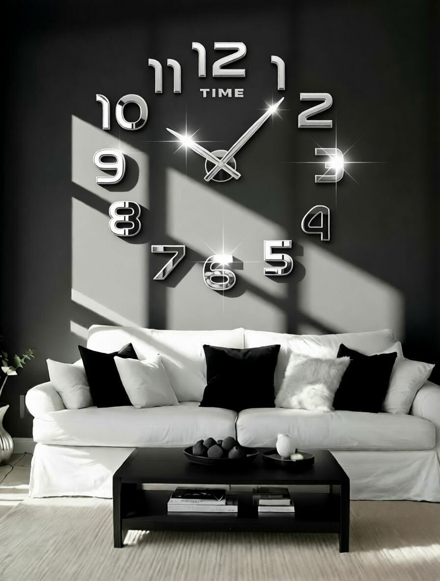 Большие настенные 3D часы №6 (60-130см) зеркальное серебро