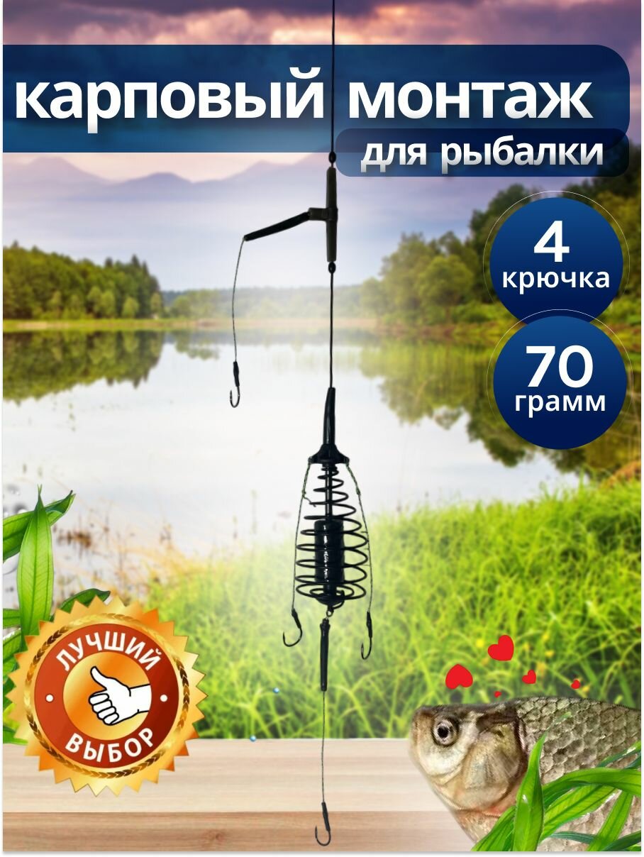 Снасть рыболовная, для карпа, 4 крючка, кормушки типа "пружина", 70 г