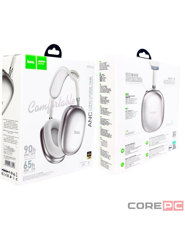 Стереонаушники Bluetooth полноразмерные Hoco W55 Plus ANC BT5.4/ANC/65ч серебристые