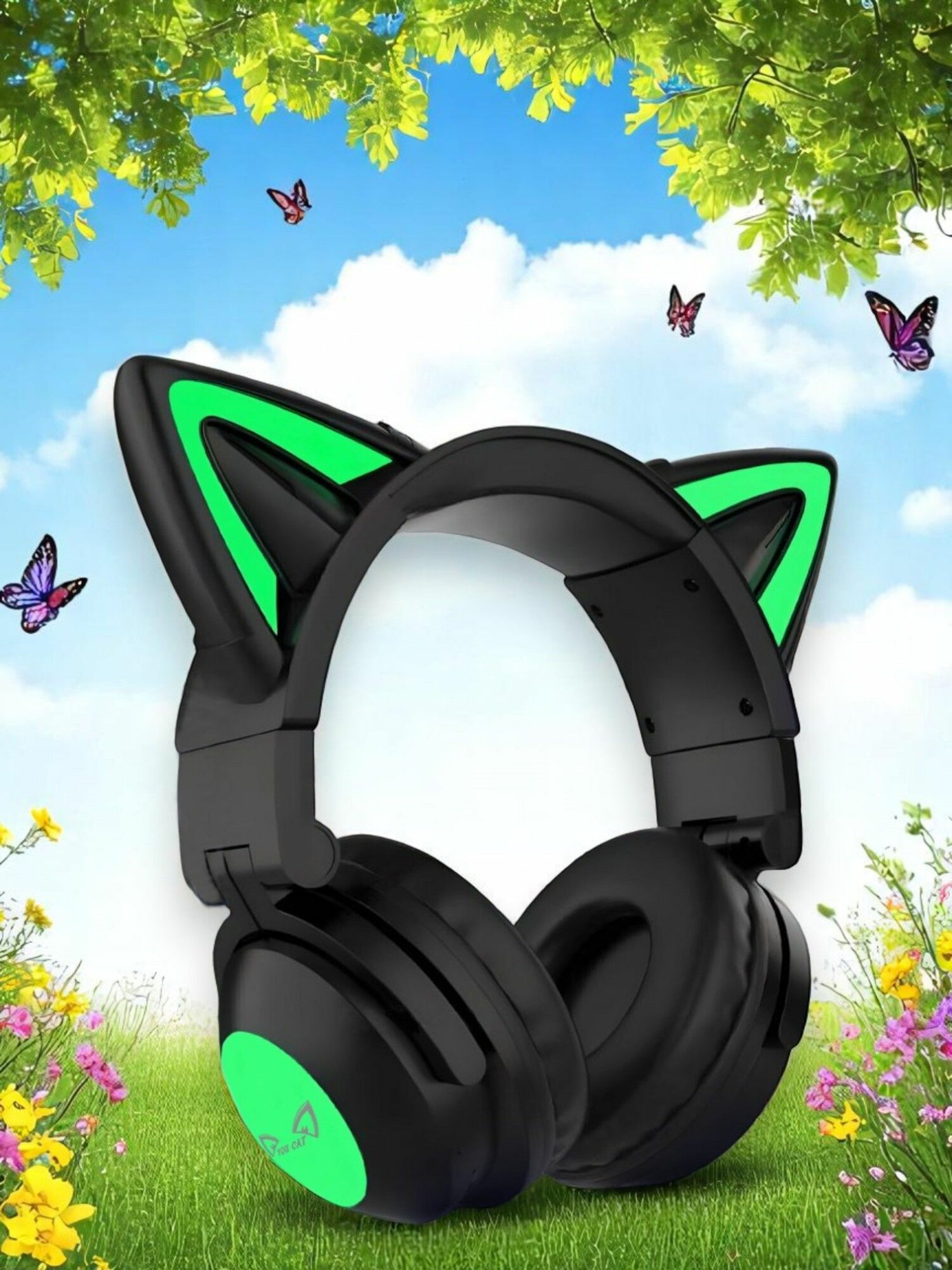 Беспроводные наушники с ушками кошки и подсветкой, ZW068 Gen3+ black