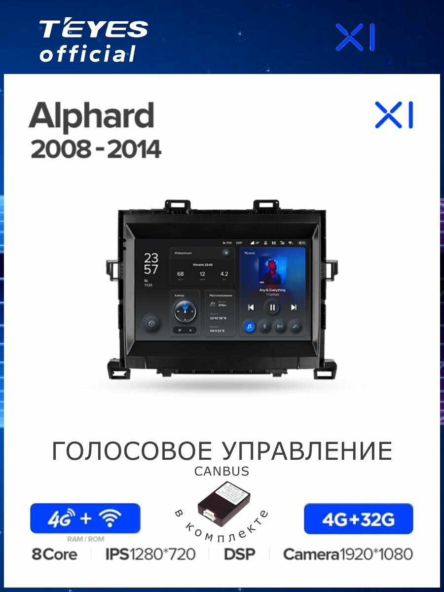 Магнитола Toyota Alphard H20 2008-2014 Teyes X1 4G 4/32GB, штатная магнитола, 8-ми ядерный процессор, IPS экран, DSP, 4G