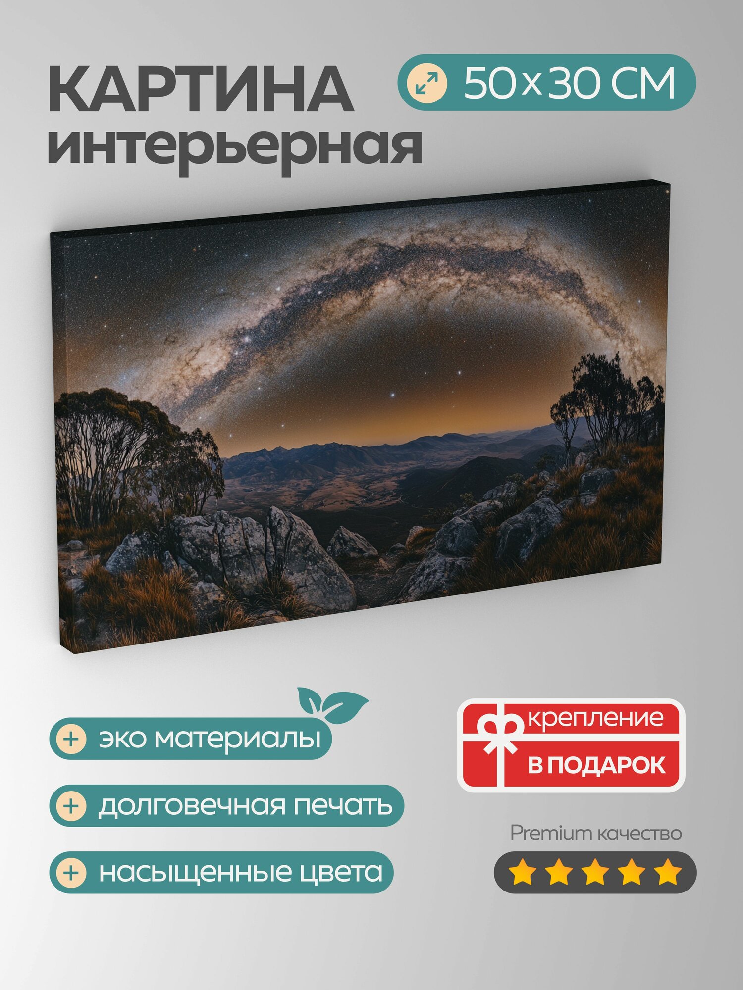 Картина на холсте интерьерная 50х30 см, Галактика Млечный Путь, ночное небо, звезды, горный пейзаж, Вселенная, ISO 3200